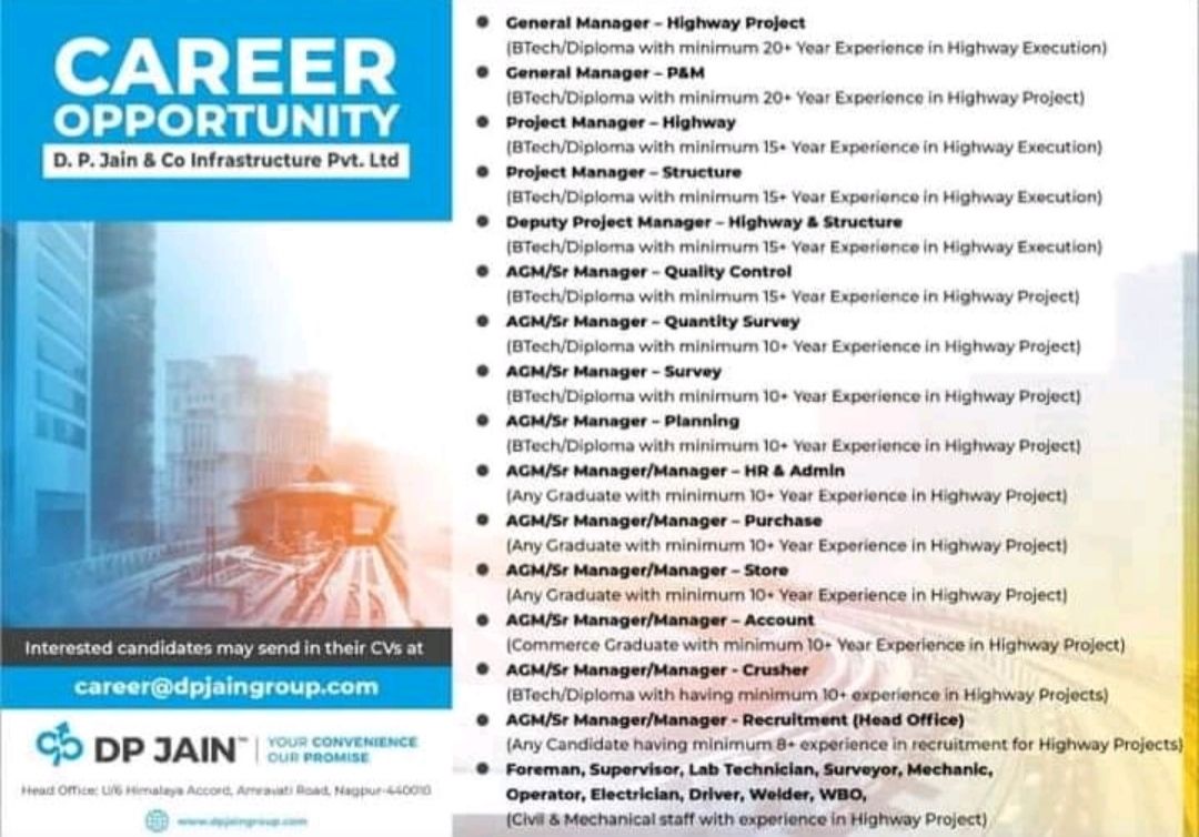 DP Jain &C Co Infrastructure Hiring| Degree|Diploma| ITI|Electrical ...